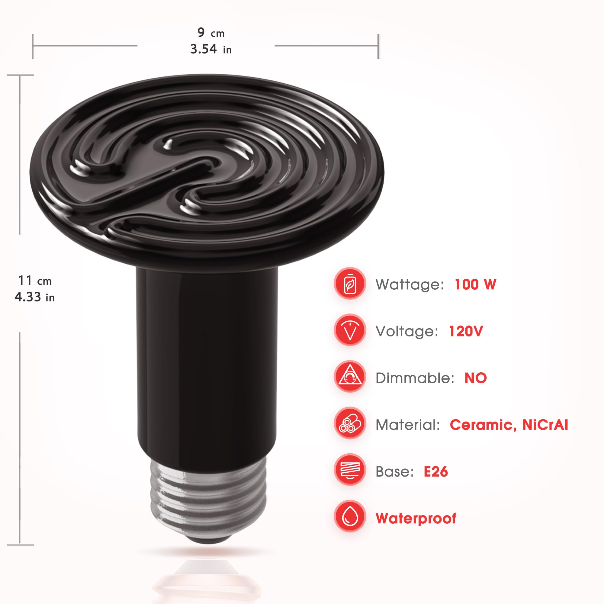 Ceramic Heat Emitter for Reptiles, 100W Heat Lamp Bulb, Ceramic Reptile Heat Bulb Black, No Light Emitting Heat Lamp for Amphibian Pet, Heat Bulb for Bearded Dragon Turtle Snake Lizard, 2 Pack