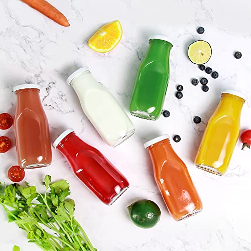 YEBODA 11oz Glass Milk Bottles with Reusable Metal Twist Lids and Straws for Beverage Glassware and Drinkware Parties, Weddings, BBQ, Picnics, Set of 9