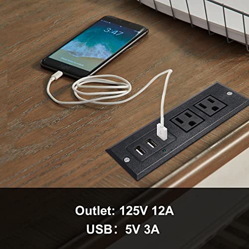 Desk Power Strip with USB Recessed Mounted Desktop Power Outlet 2 Outlets 3 USB Ports (15W/3A) Flat Power Plug, Charge Station for Table Cabinet Sofa Counter (3A/15W Black)