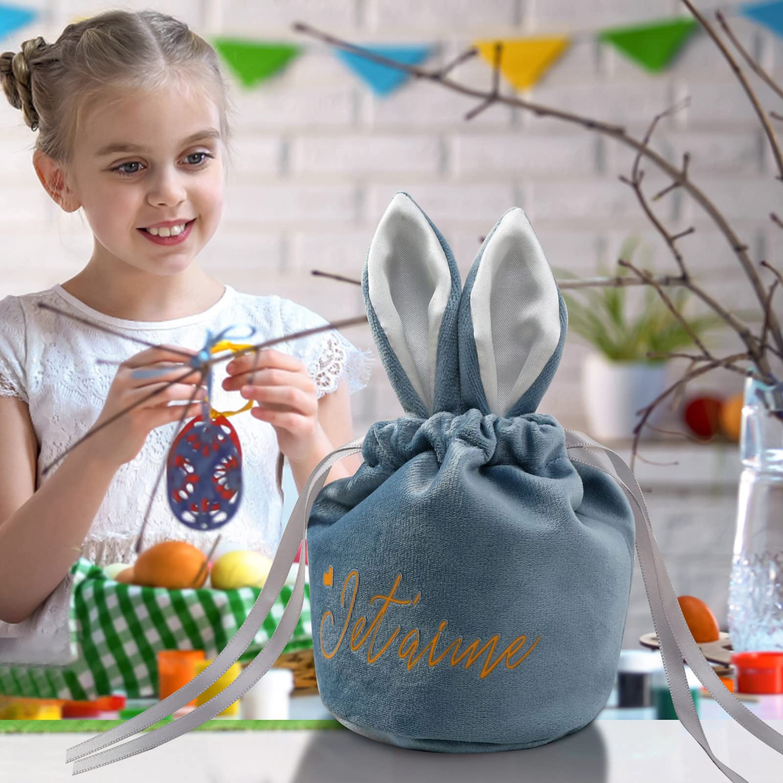 Easter Bunny Bags Easter Egg Basket for Kids, Rabbit Ears Bags Cloth Personalized Candy Egg Bags Rabbit Buckets Gifts Eggs Hunt Basket Bags for Easter Decoration (mixed-3Pcs)