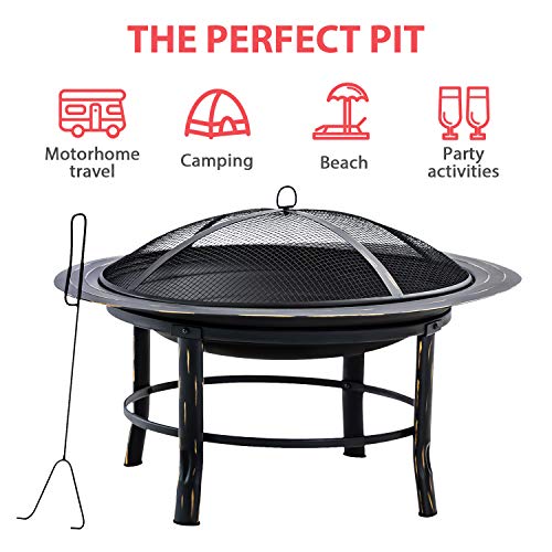 Fire Pit 28 Inch Outdoor Wood Burning BBQ Grill Firepit Bowl for Camping Picnic Bonfire Patio Backyard Garden Beaches Park with Carry Bag,Mesh Spark Screen Cover,Log Grate,Black