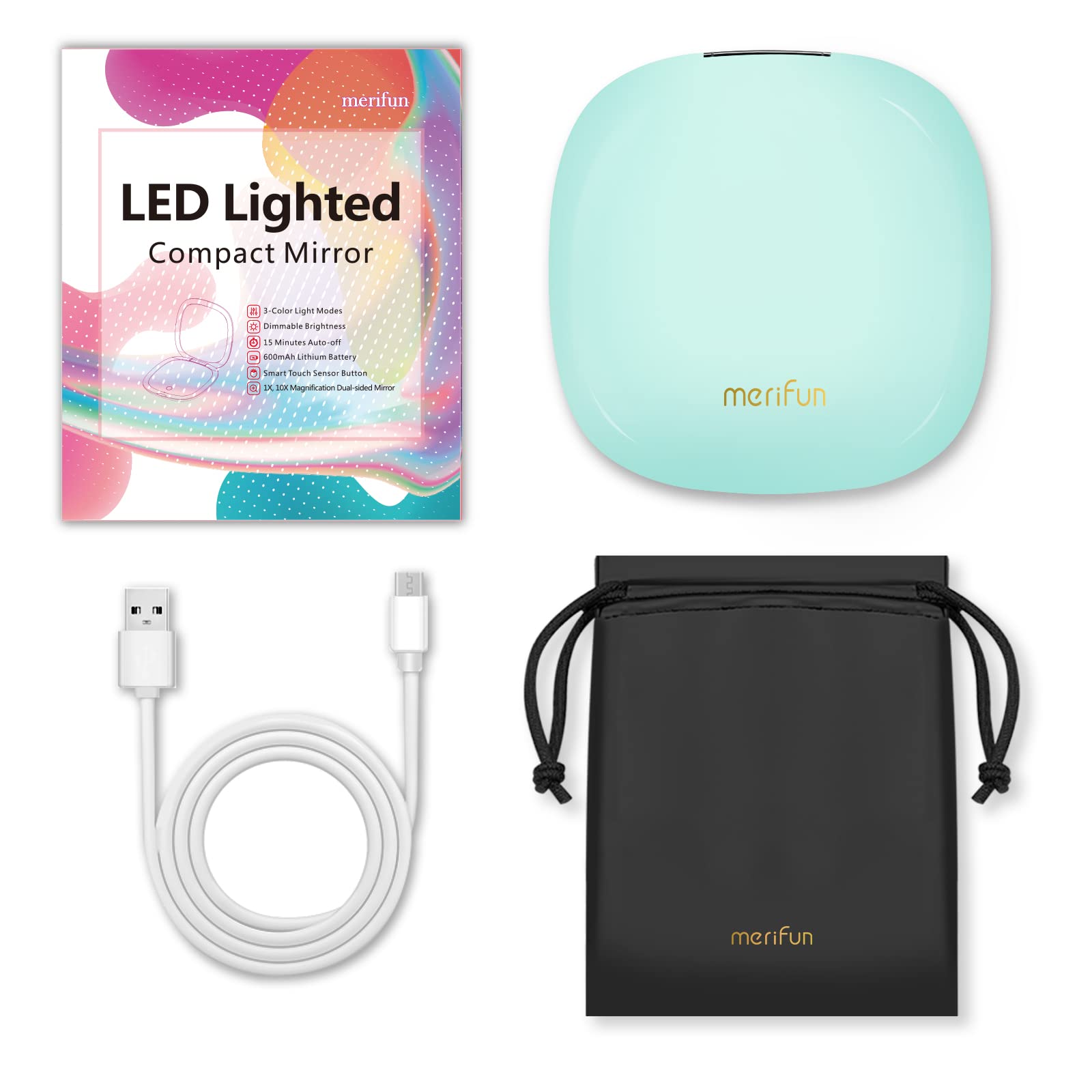 merifun LED Lighted Compact Makeup Mirror, Travel Magnifying Mirror 1x/10x - 56 LED Lights, Touch Sensor, 3 Colors Lights & Brightness Dimmable- Magnetic Closure, Rechargeable (Aqua)
