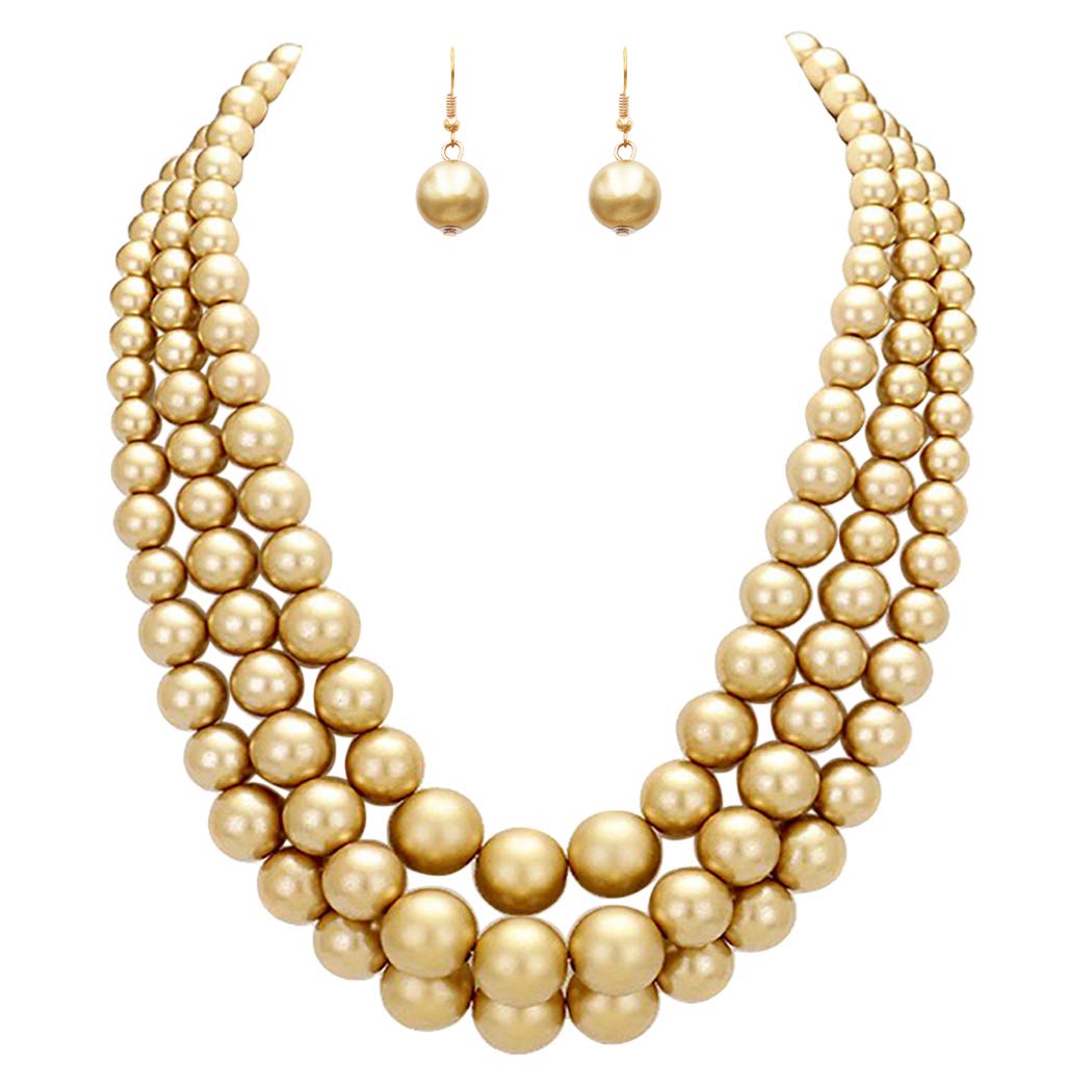Rosemarie & Jubalee Women's 3 Colorful Multi Strands Simulated Pearl Necklace And Earrings Jewelry Gift Set, 18"+3" Extender (Metallic Matte Gold)