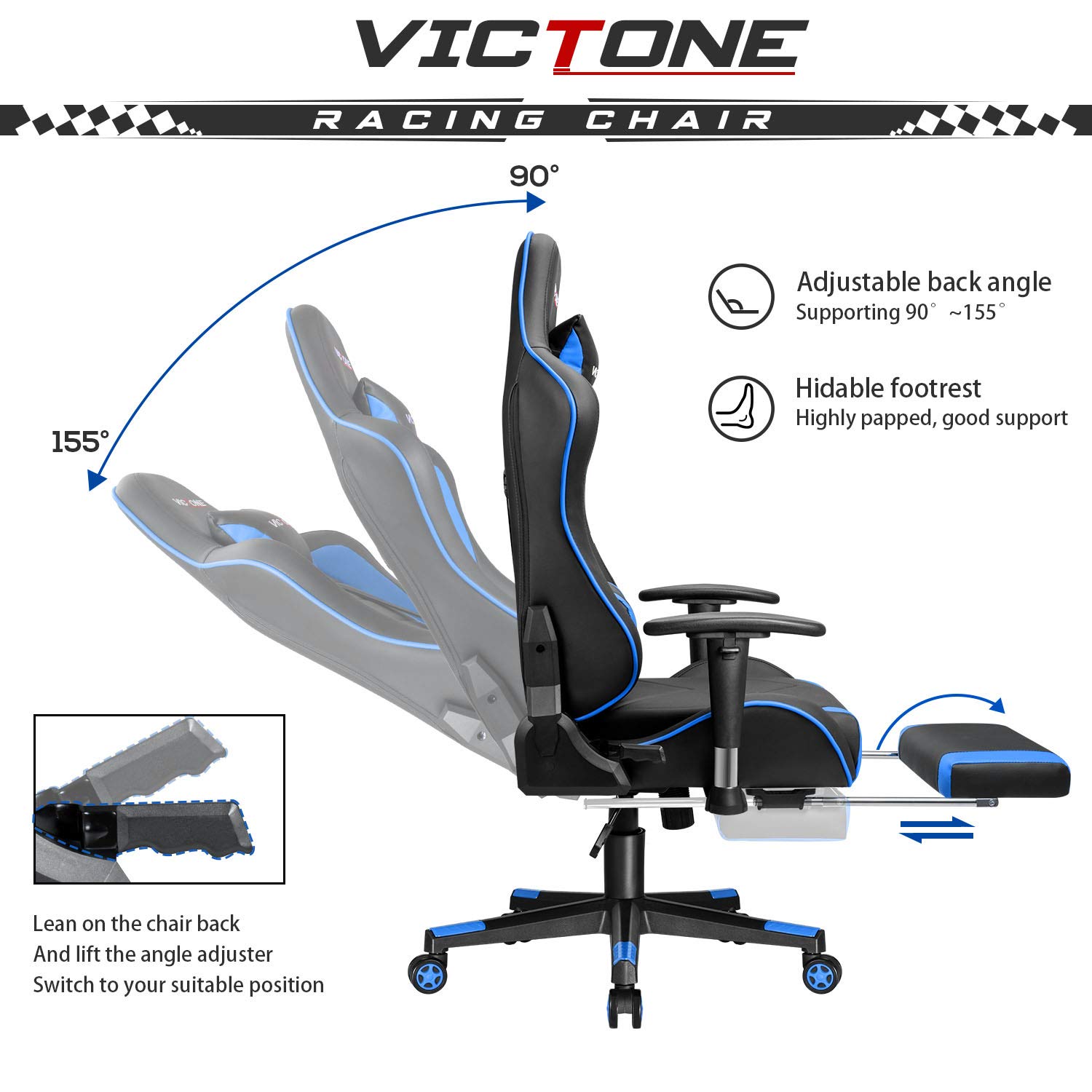 VICTONE Gaming Chair with Footrest Racing Style Computer Chair Video PC Game Chair Large Heavy Duty Ergonomic Computer Office Chair with 3D Adjustable Armrest and Headrest (Blue)