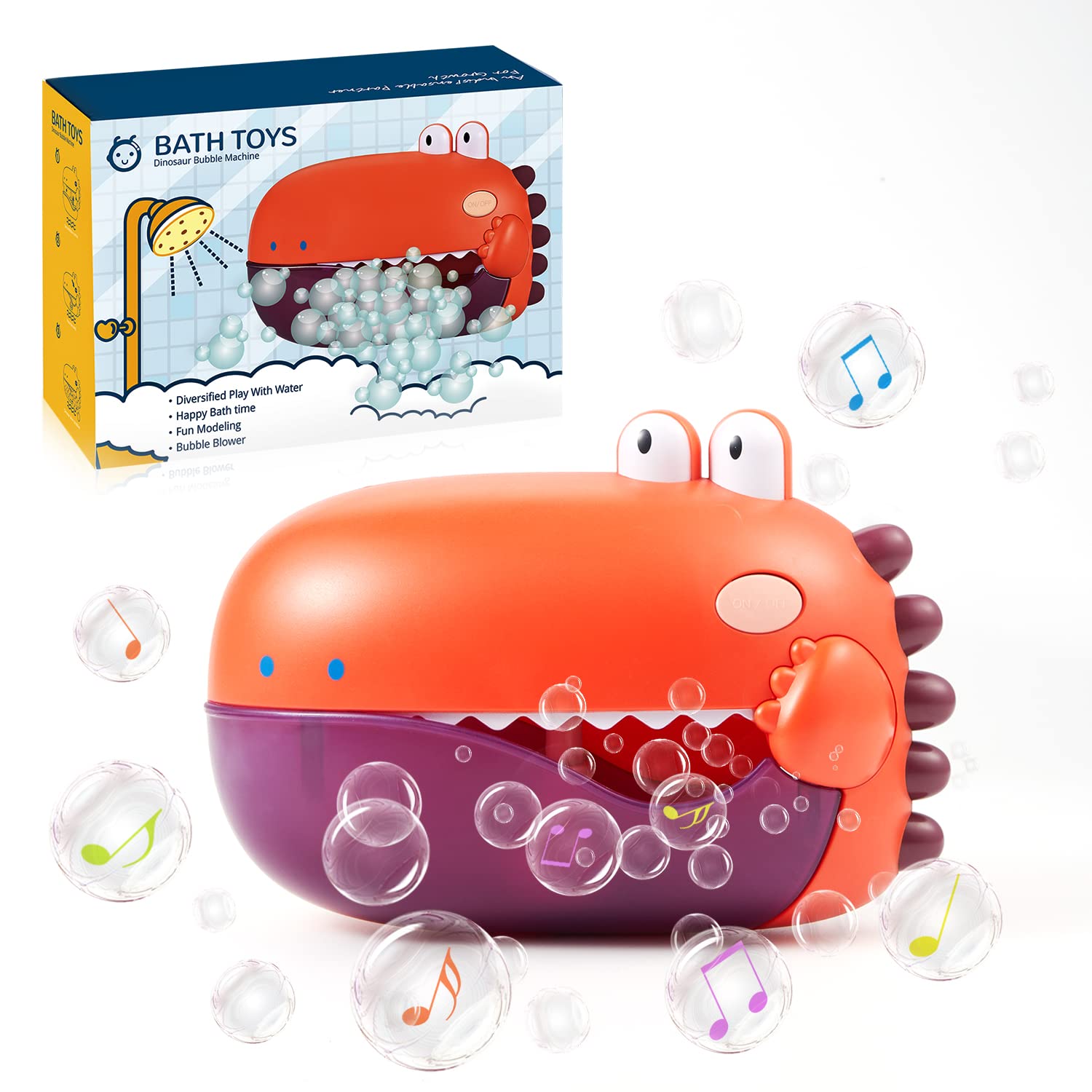Dinosaur Bath Toys,Toddler Bath Bubble Machine Bathtub Toy, 250ML Capacity 1000+ Bubbles Per Minute, 12 Childrenās Songs, Shower Bath Wall Toy Bubble Maker, Present for Baby Kids