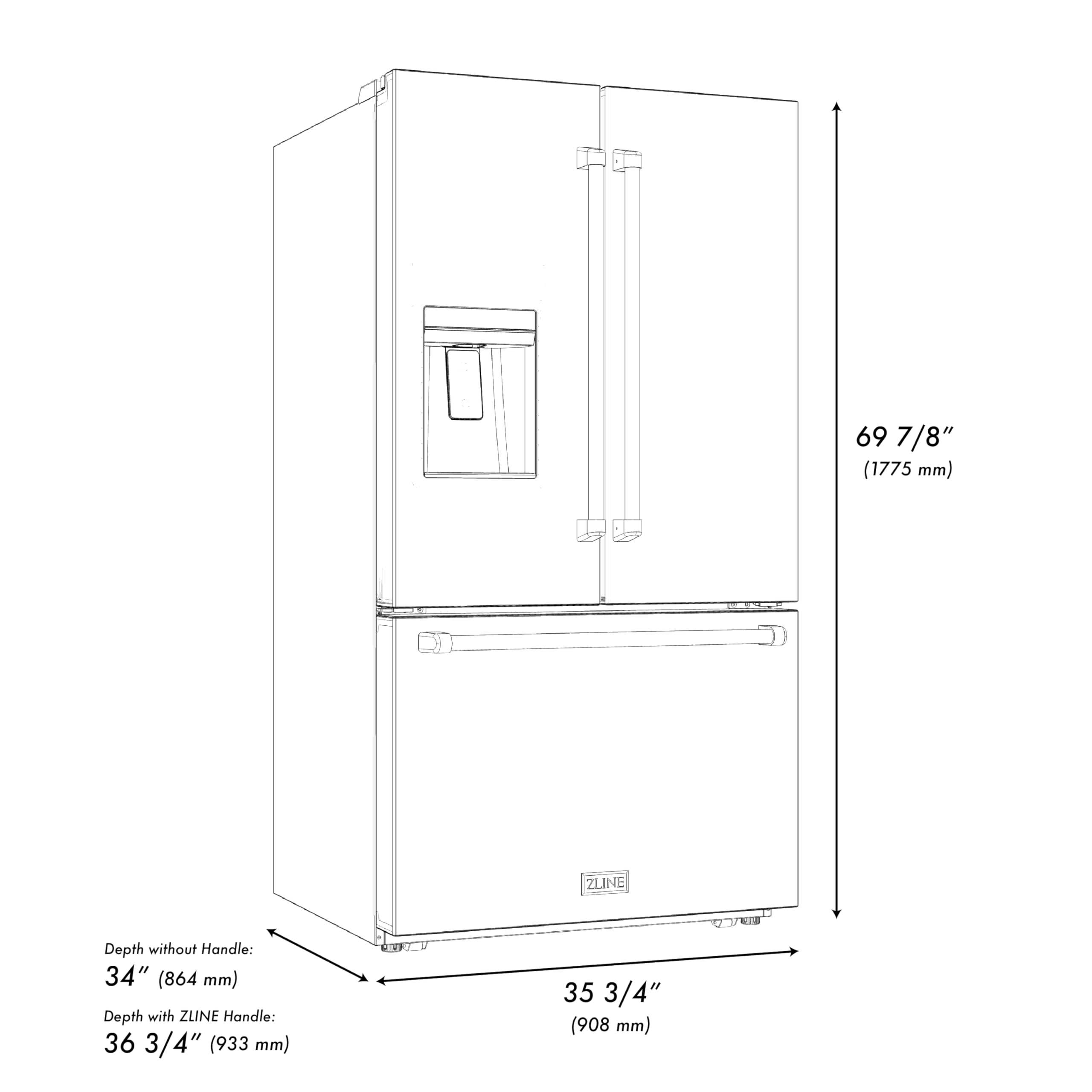 ZLINE Autograph Edition 36 in. 28.9 cu. ft. Standard-Depth French Door External Water Dispenser Refrigerator with Dual Ice Maker in Black Stainless Steel and Champagne Bronze Traditional Handles