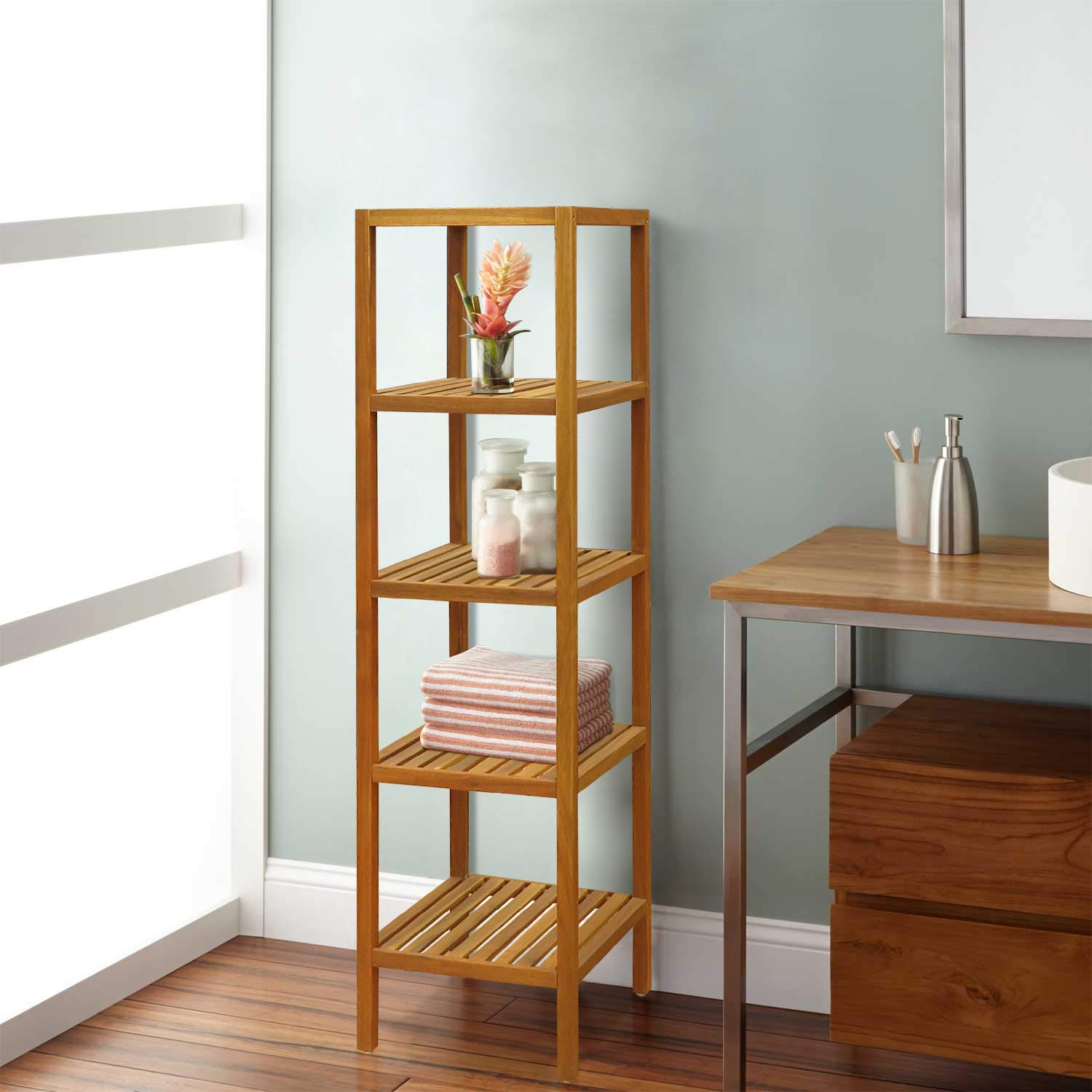 INTERBUILD Solid Wood 5 Tier Floor Storage Shelf Rack Multi-Use Standing Organizer in Bathroom, Bedroom, Living Room, Kitchen, Balcony, Office, Golden Teak