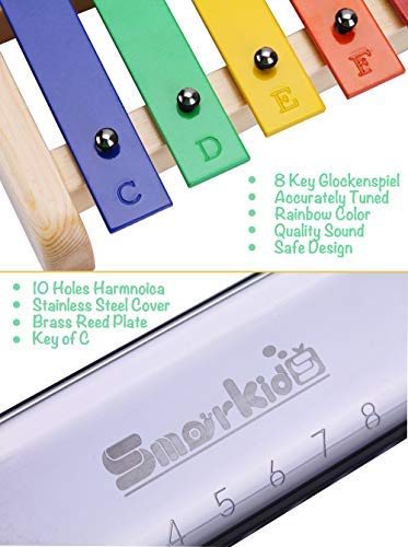 Smarkids Wooden Xylophone for Kids & Harmonica Set - Professional Kids Musical Instruments Set Percussion Instruments with Mallets Award Winning Preschool Learning Musical Toys Birthday Gifts