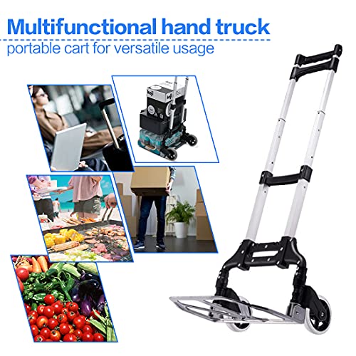 Double Rhombus Folding Hand Truck Dolly Cart, 330 Lbs Load Capacity Aluminium Trolley Cart with Telescoping Handle, 2 Rubber Wheels, Bungee Cords for Luggage, Travel, Moving, Shopping, Office Use