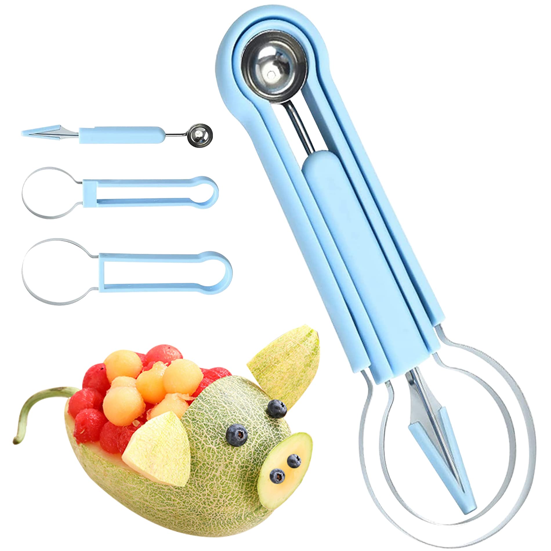 Esmartlife Melon Baller Scoop Set, Professional 4 In 1 Stainless Steel Fruit Carving Tools Knife Kit,Fruit Scooper Double Sided Melon Baller for Watermelon Ice Cream