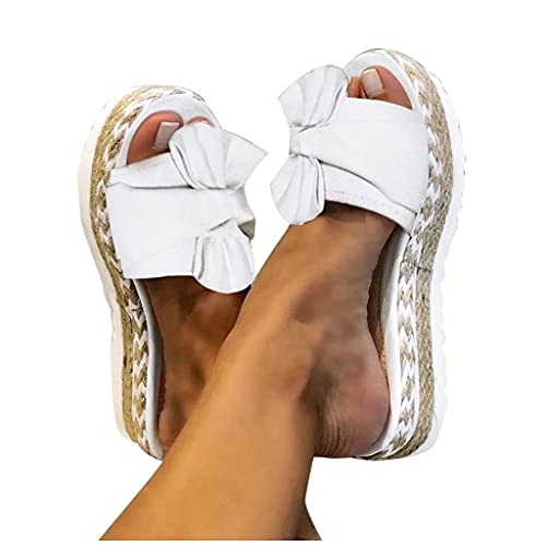 flip Flops for Women Memory Foam Summer Sandals for Women Wedge Sandal Wedges for Women Heels Bohemian Rhinestone Wedge Sandals Comfortable Summer Open Toe Roman Shoes Beach Flat Sandals White