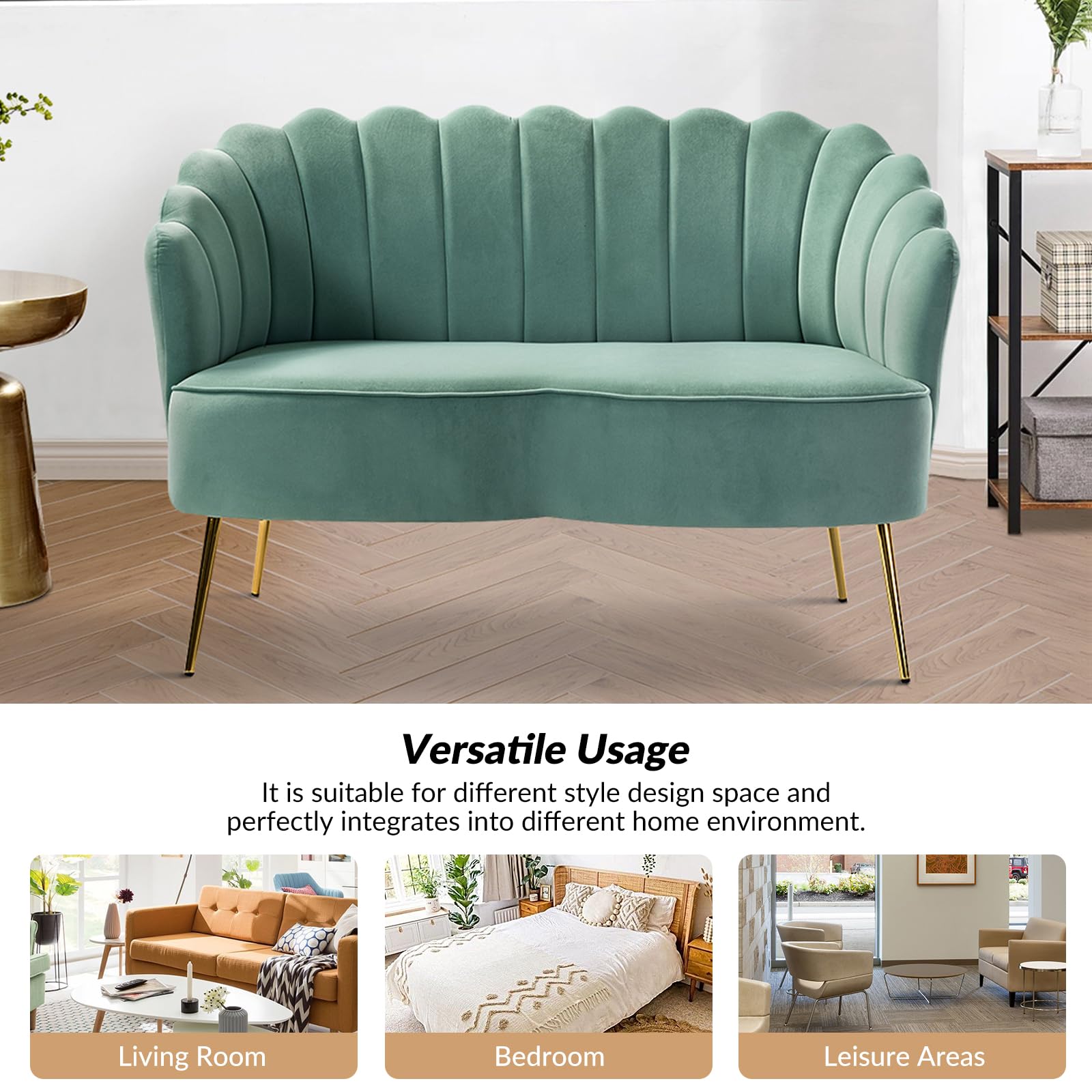 HULALA HOME Modern Velvet Loveseat Sofa with Flower Shaped Back, Comfy Upholstered 2-Seater Sofa with Gold Metal Legs, Small Love Seat Accent Couch for Living Bedroom Leisure Areas, Sage