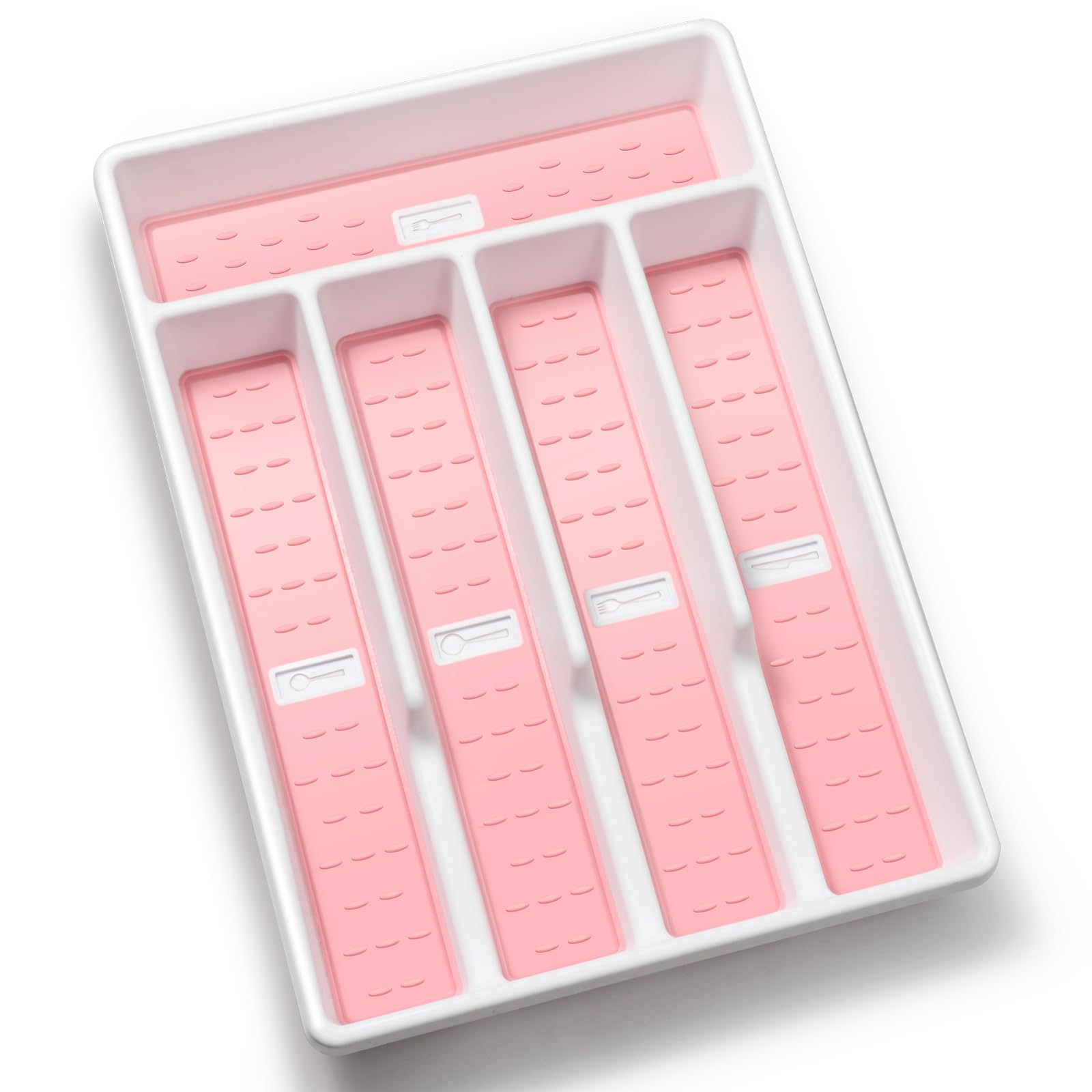 Joequality Silverware Organizer with Icons,Plastic Cutlery silverware Tray for Drawer,Utensil Flatware Tableware Organizer for Kitchen with Non-slip TPR,Fits Standard Drawer,5-Compartment,Pink