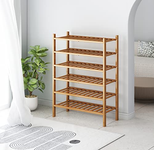 KSKSPE 4-Tier Free Standing Shoe Racks, Stackable | Beautiful | Natural | Functional | Sturdy, Bamboo Shoe Rack For Hallway Closet Living Room Entryway Organizer (4-Tier)