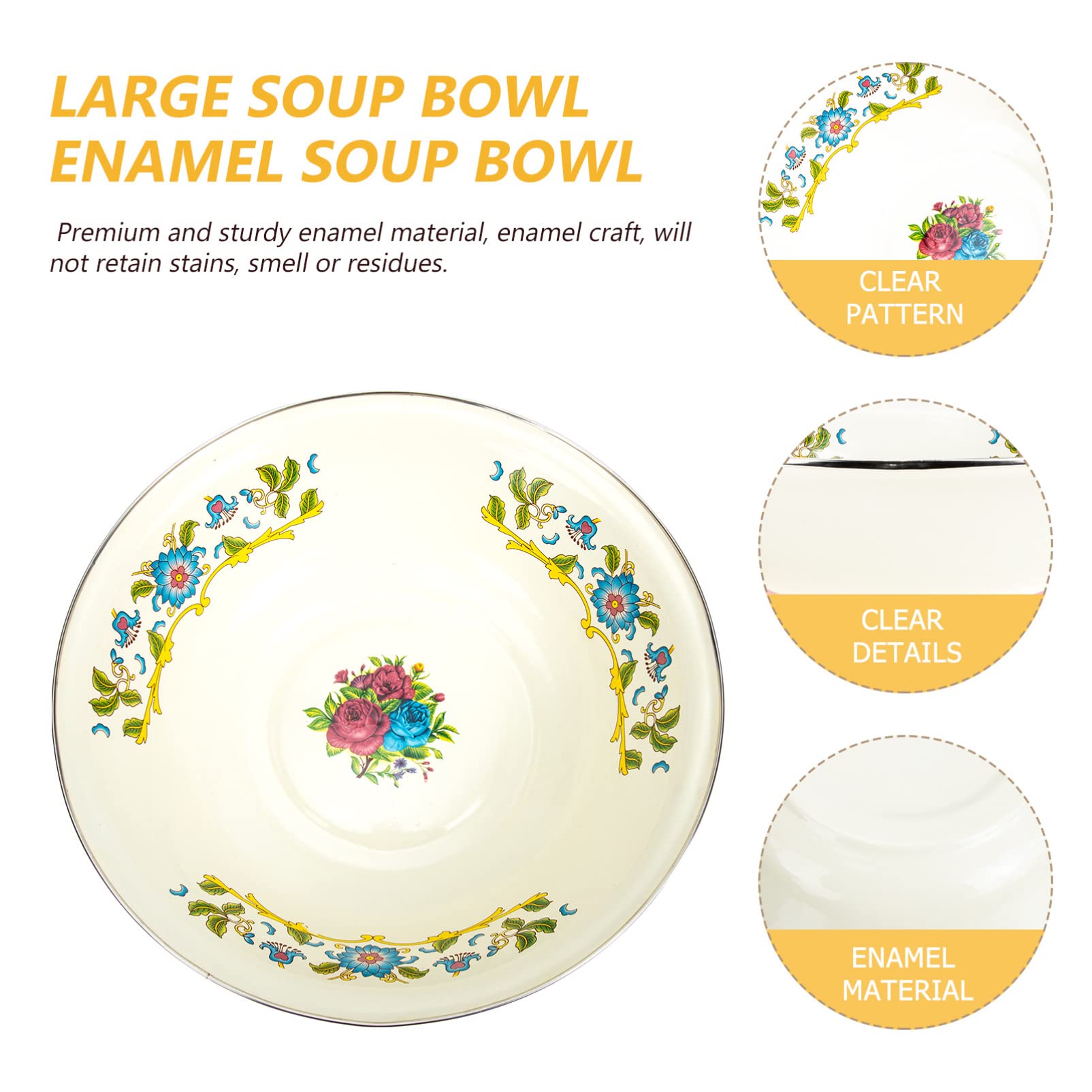 DOITOOL Enamel Plates Enamel Mixing Bowl Vintage Flower Large Salad Bowl Enamelware Washing Basin Chinese Style Soup Serving Bowl for Ramen Asian Dishes Cereal Rice Noodle Enamel Bowl