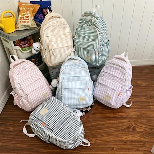 Kawaii Backpack with Cute Accessories Large Capacity Checkered Plaid Rucksack for Women Trendy Aesthetic Casual Daypack (Green)