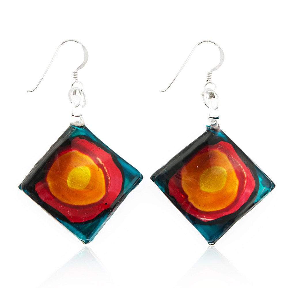 Chuvora Sterling Silver Hand Painted Murano Glass Blue Red Orange Art Square Dangle Earrings for Women