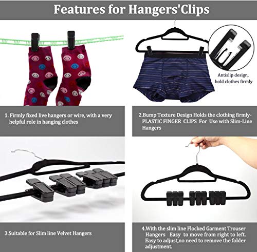 FLOLATIDIA Standard Hanger Clips,Clothes Pins Plastic Finger Clips for Flocked Garment Trouser Slim-line Velvet Hanger-Removable (Black, 20)