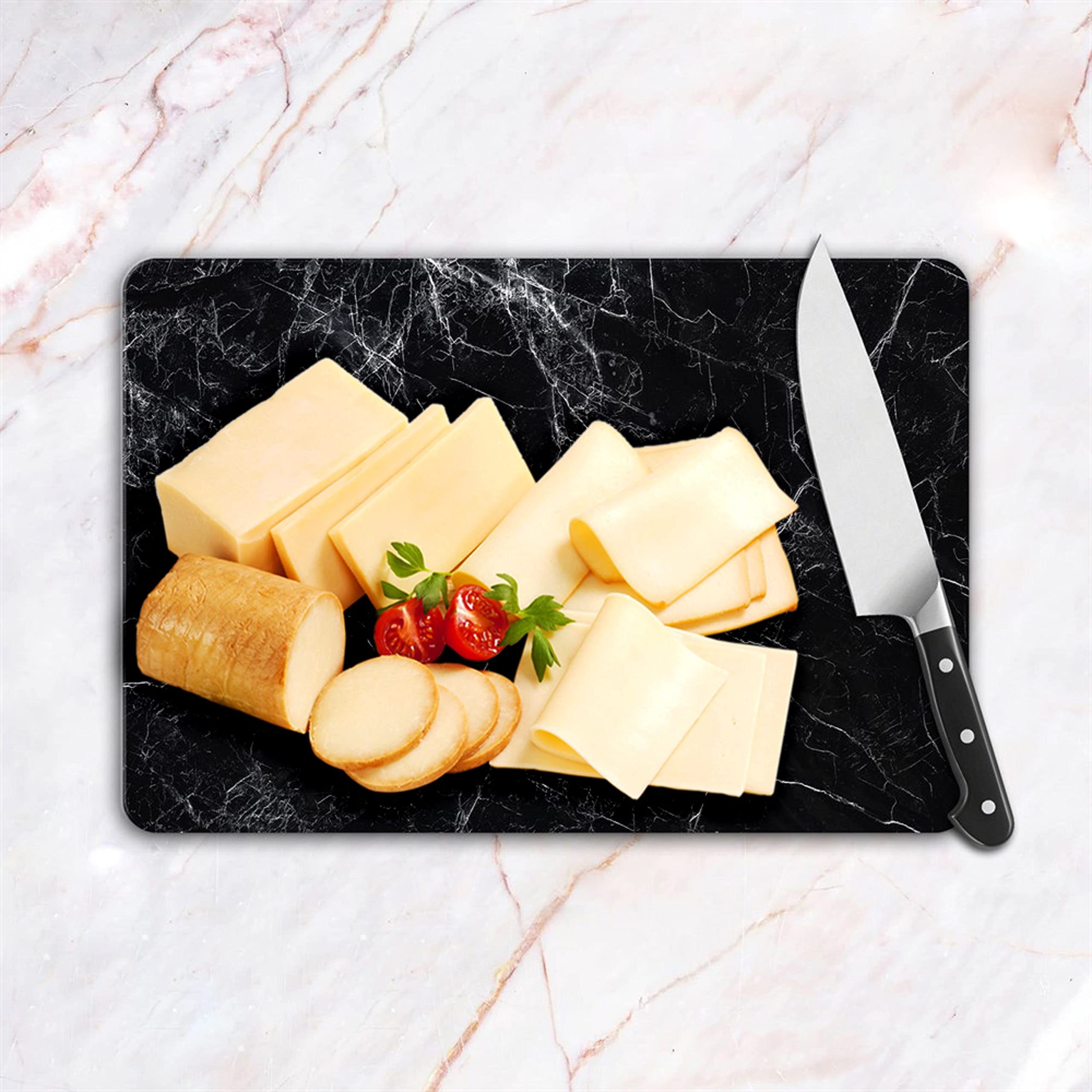 DESTALYA Cutting Board Tempered Glass 11.8ββ x 15.7ββ | Heat Tolerant Shatter Resistant Chopping Board | Black Marble Pattern Decorative Tray for Kitchen (Black L)