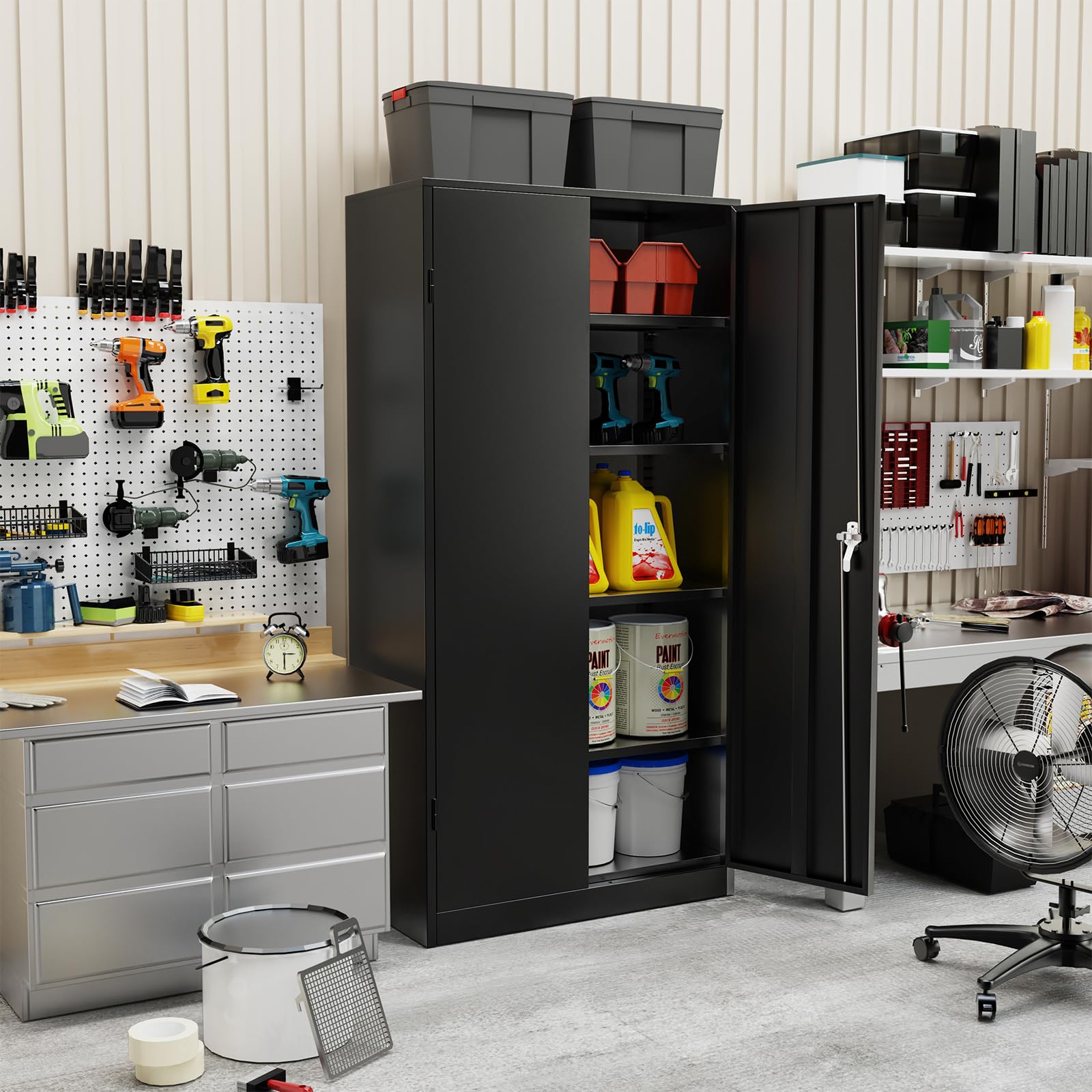 Incbruce 72” Metal Storage Cabinet, Locking Steel Storage Cabinet with 2 Doors and 4 Adjustable Shelves, Tall Lockable Tool Storage Cabinet for Garage, Home, Office (Black)