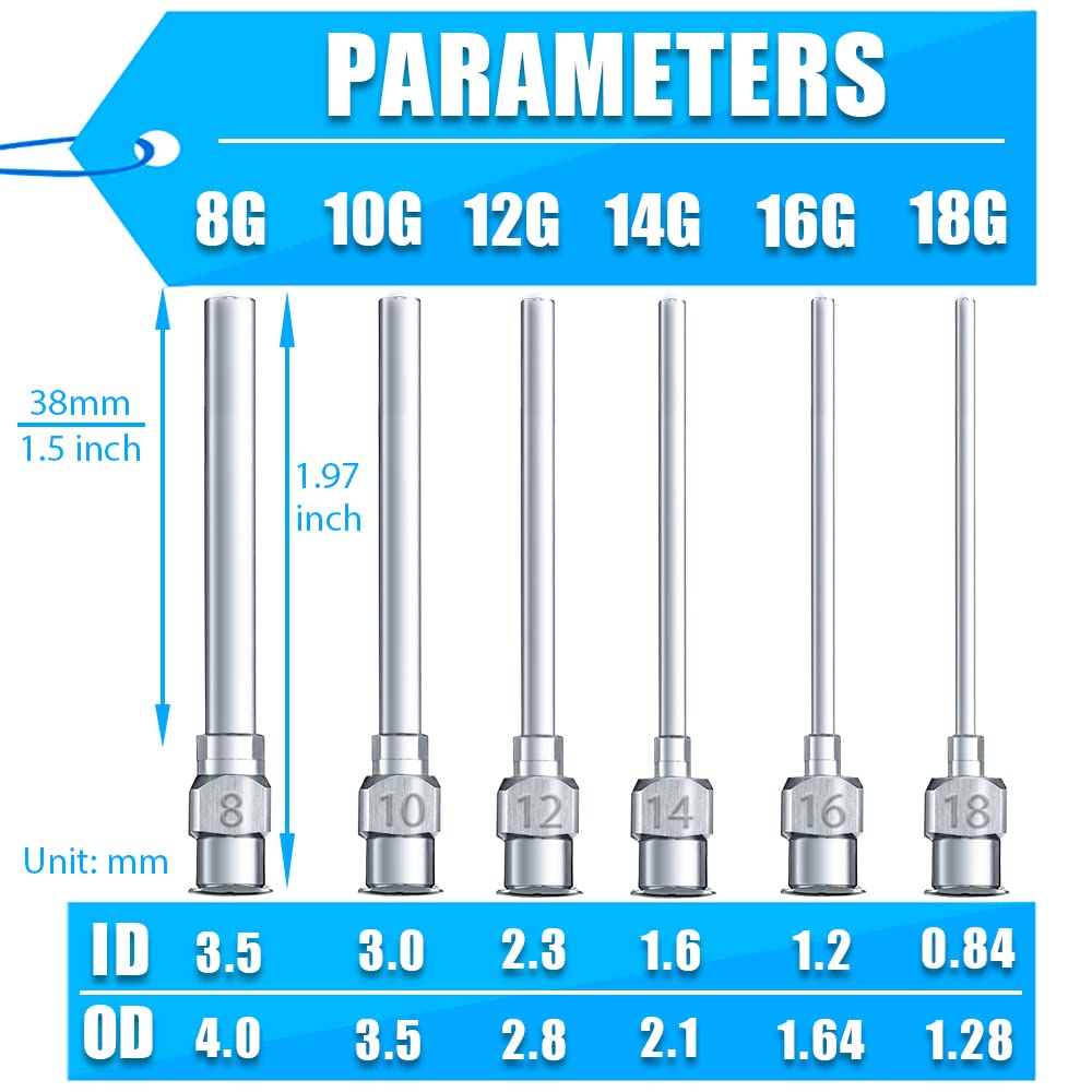 Dispensing Needle 1.97inch Stainless Steel Blunt Tip Needle Set Luer Lock Luer Slip Adapter Tips 8Ga, 10Ga, 12Ga, 14Ga, 16Ga, 18Ga-12Pcs
