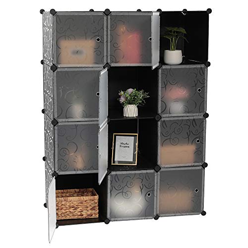 VINGLI Cube Storage, 12 Cube Organizer Shelves, Plastic Closet Cabinet, DIY Modular Storage Cube Organizer with Doors for Bedroom Living Room Office, Black