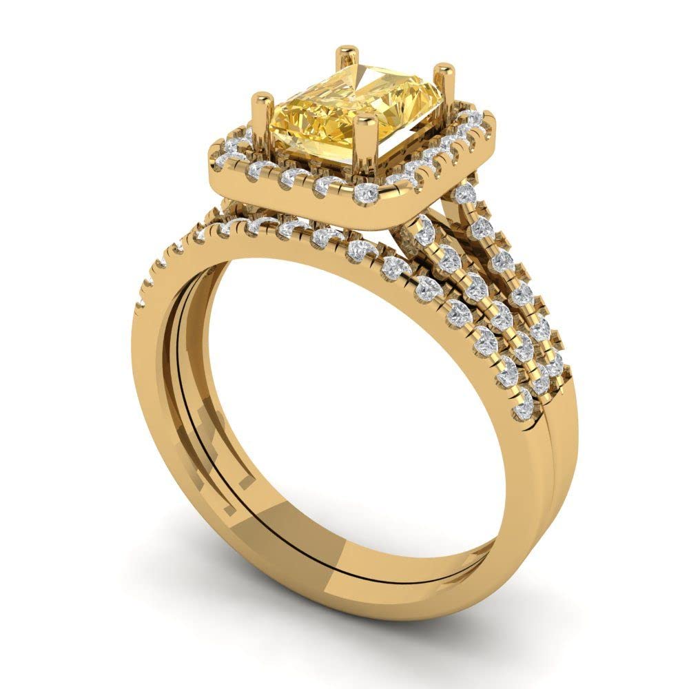 Clara Pucci 1.6ct Emerald Cut Halo Solitaire Yellow Simulated Diamond Engagement Promise Bridal Ring Band set 14k Yellow Gold 7.5