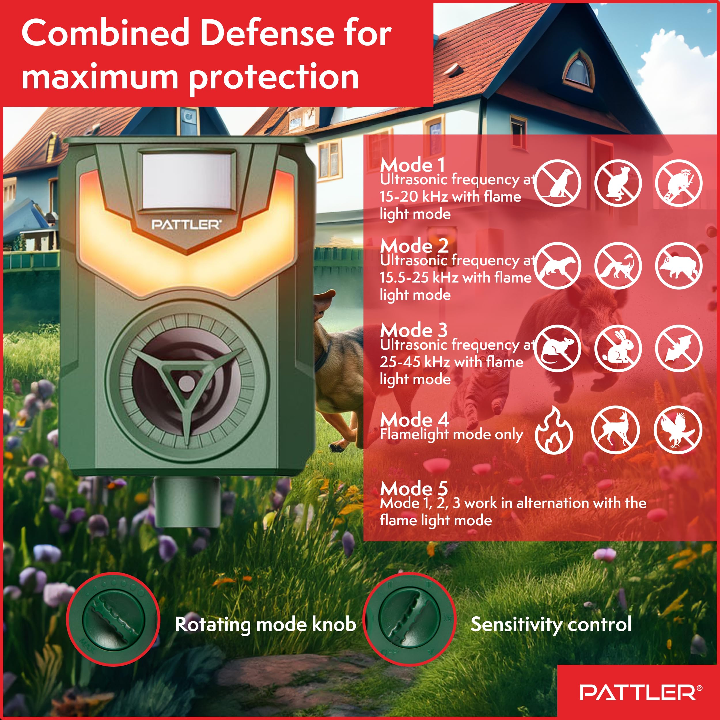 PATTLER® Animal Repellent Outdoor with Flame Light to Scare Animals | Deer and Rabbit Repellent with Motion Sensor up to 10m Range | Ultrasonic Deer Repellent | Rabbit Repellent Outdoor | | 1 Pack