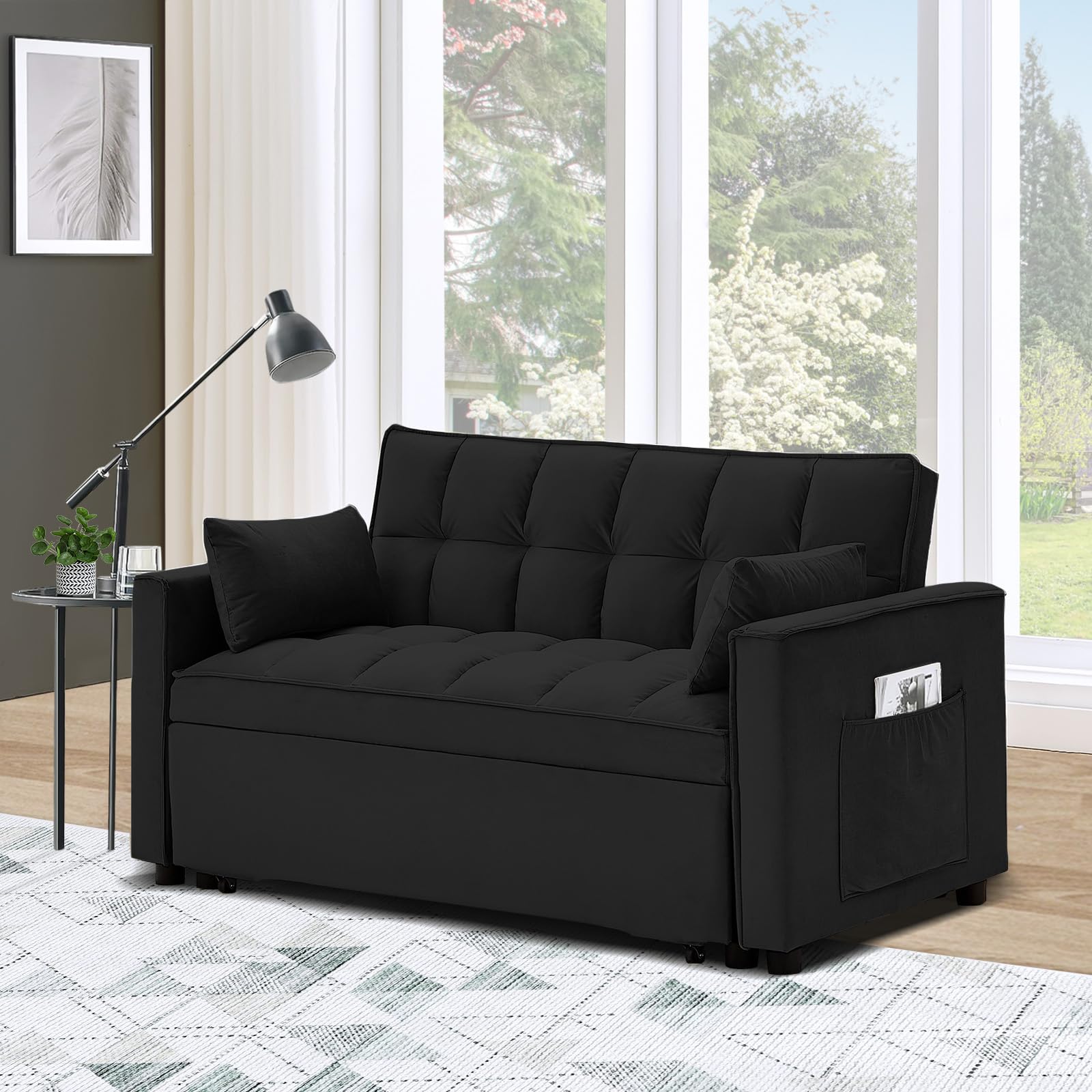 GarveeHome Modern 3-in-1 Velvet Loveseat Futon Couch Pull-Out Bed, Sofa Bed Couch Convertible Sleeper Sofa Bed with Adjustable Backrest, Storage Pockets with 2 Pillows for Living Room Bedroom, Black