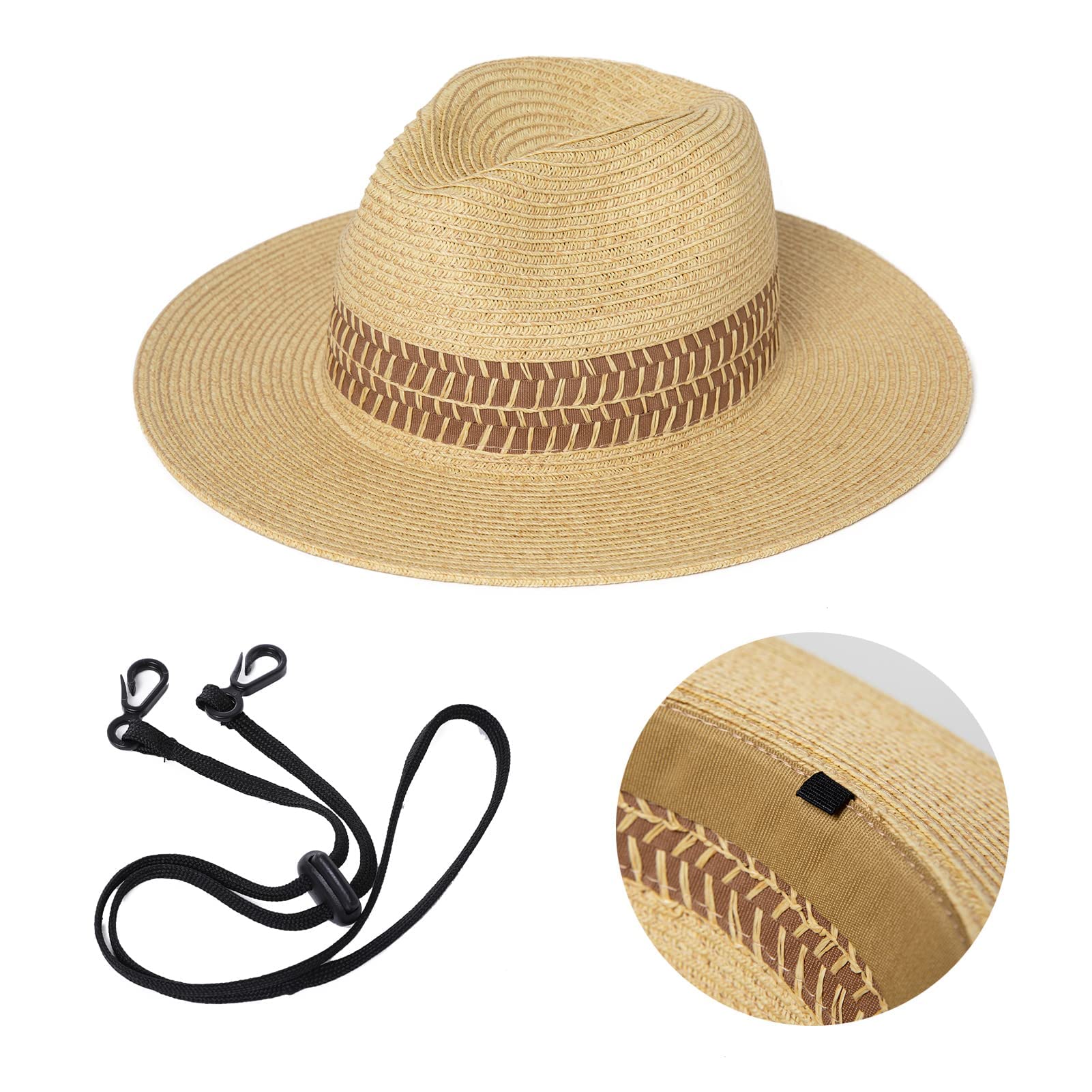 Comhats Women Straw Sun Fedora Hat for Women,Packable Beach Hat Wide Brim Panama Hat UV UPF 50+ Summer Hat Beige