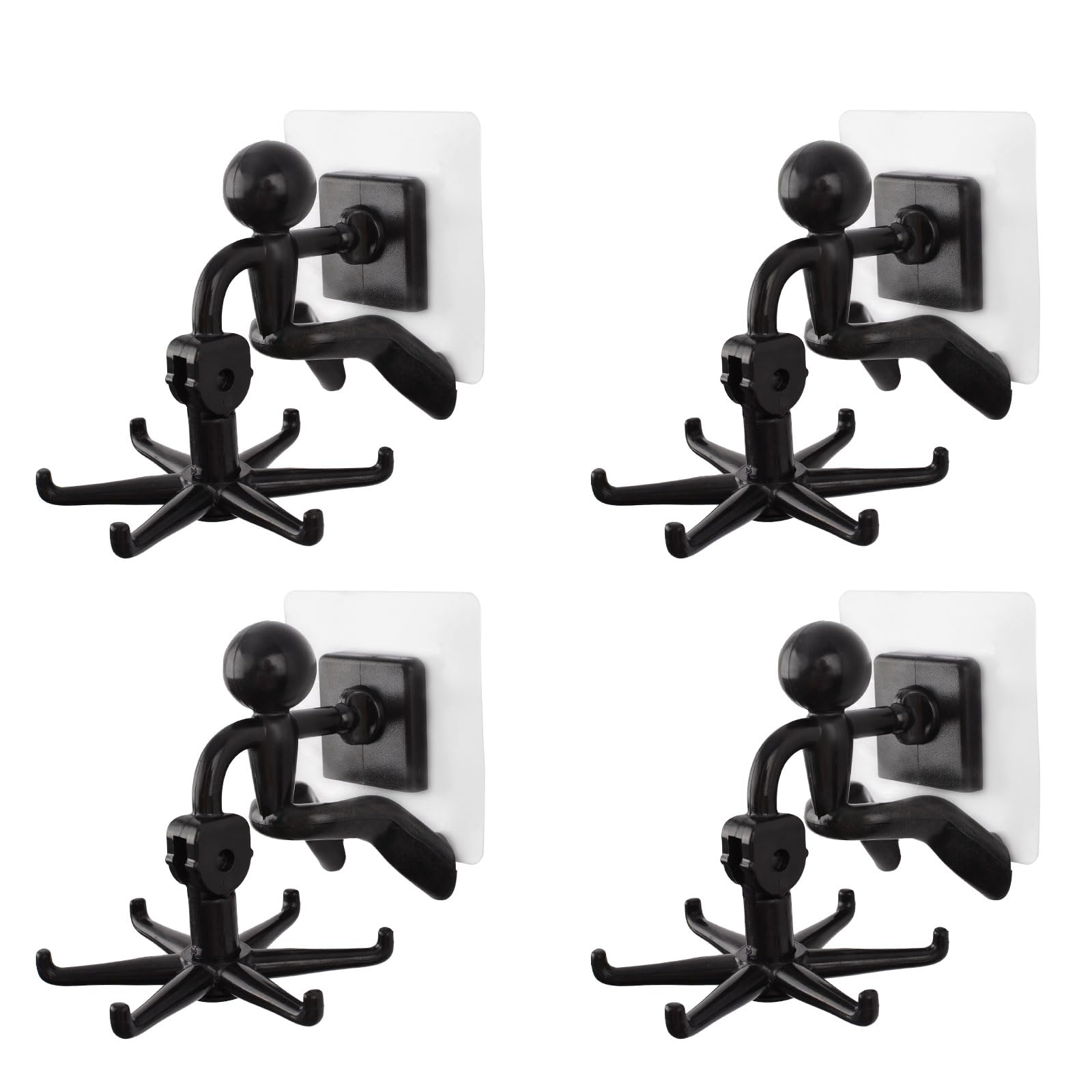 INCREWAY 4pcs 6-Claw Nail-Free Rotating 360° Rotating Folding Hooks in The Shape of Small People Shelf Adhesive Hook for Kitche,Black