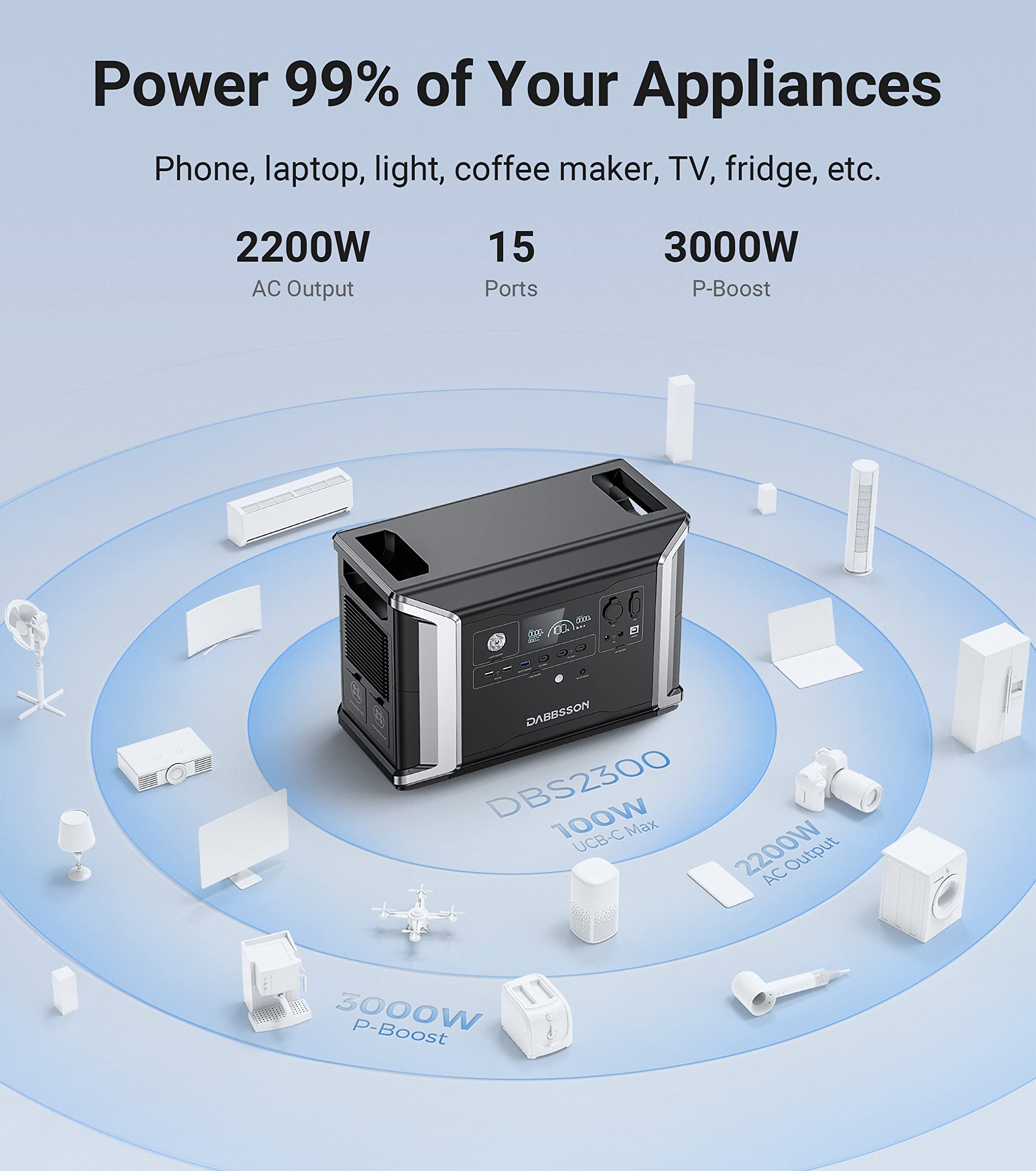 Dabbsson Portable Power Station DBS2300, 2330Wh EV Semi-solid State LiFePO4 Home Battery Backup, Max 8330Wh, 5ร2200W AC Outlets, Solar Generator for Camping, Home Backup, Emergency, RV