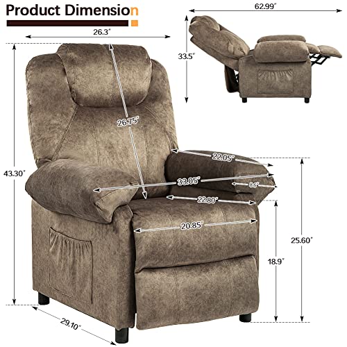 KCREAM Recliner Chair Massage Heated Fabric Overstuffed Ergonomic Lounge Chair for Living Room Single Sofa Chair Padded Seat with 2 Side Pockets, Vibration Function Reclining Chair (Brown)