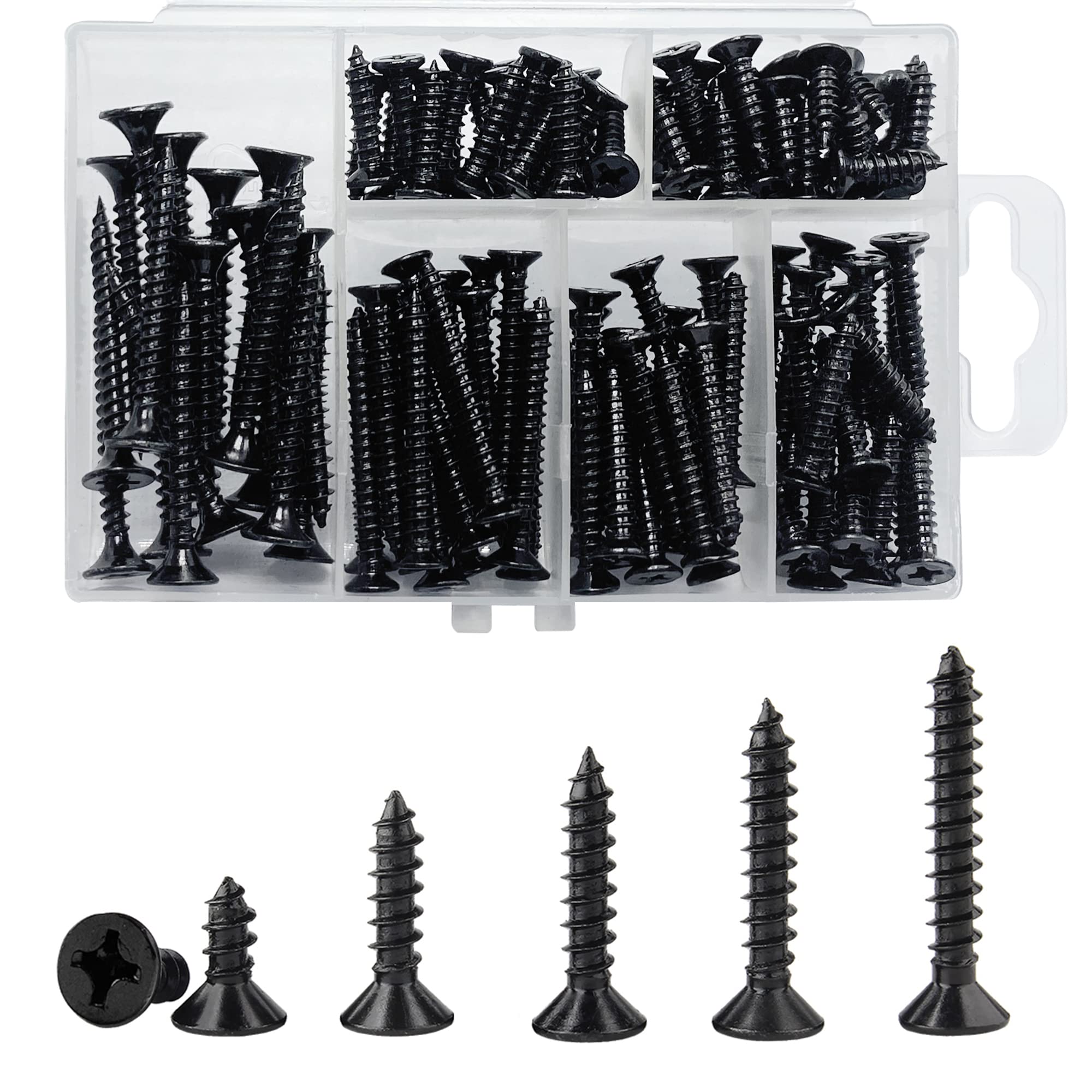 ECKJ M3.5 Flat Head Wood Screws Assortment Kit Phillips Drive Countersunk Head Self-Tapping Screws Short Small Carbon Steel Black Fasteners 124pcs 6 Sizes of Length 12/16/20/25/30/35mm