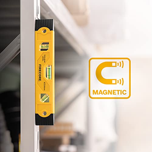 Firecore Magnetic Torpedo Level, 9-Inch Shockproof Toolbox Level with 3 Bubble Spirit Level 45 90 180 Degree