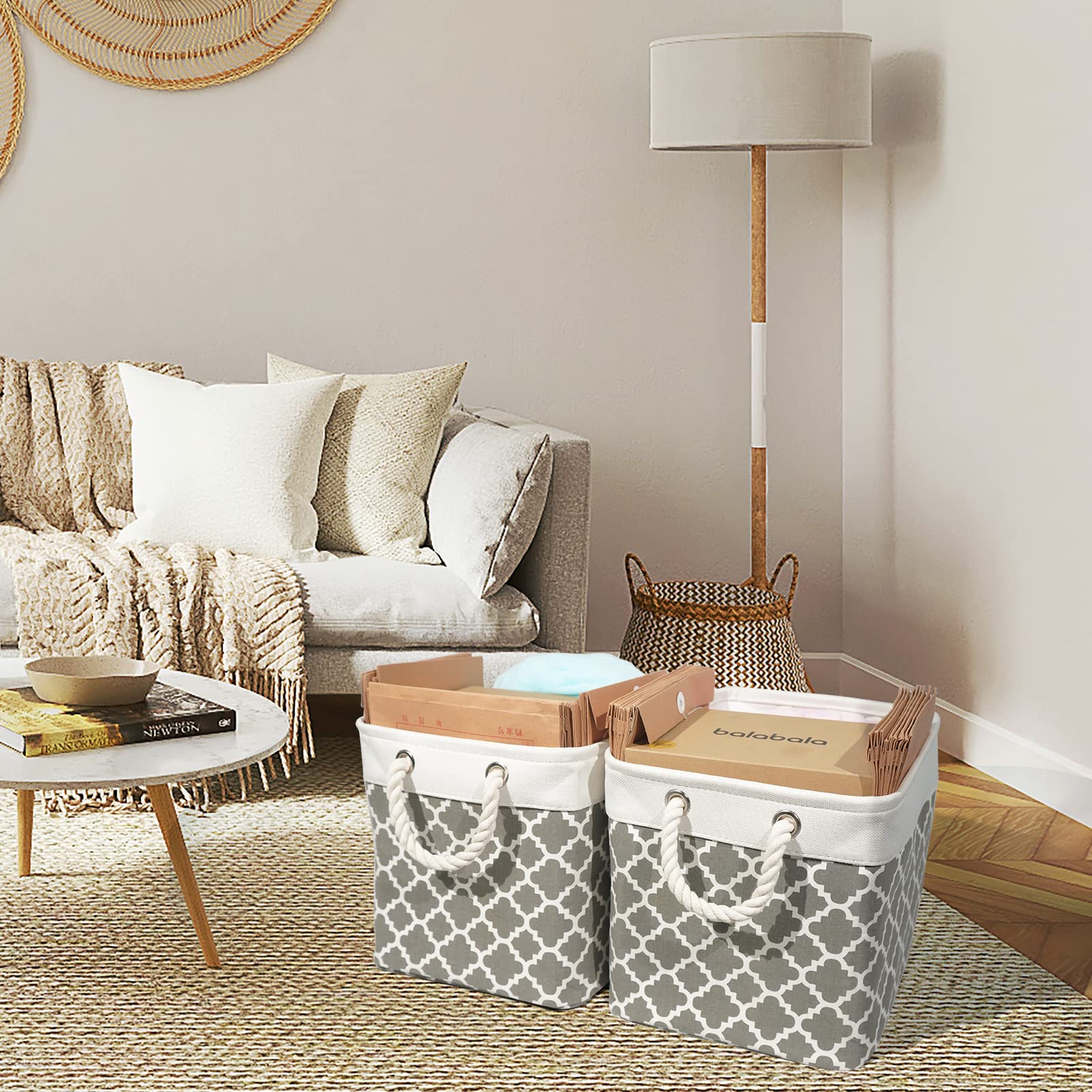 Cozyaver Storage Baskets for Shelves, 13'' x 13'' x 13'' Cube Organizing Closet Nursery Toy Decorative Linen Fabric Organizers with Cotton Handles, 3 Pack Grey Clover