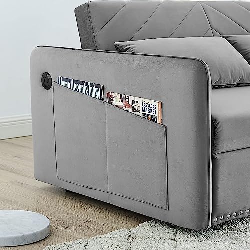 FULife 3-in-1 Convertible Sofa Pull-Out Sleeper,Adjustable Loveseat Futon Sofá Chair w/USB Charging Port,Reclining Backrests,Side Pockets&Pillows,Small Velvet 2 Seaters Lounge Couch, Gray Nailed Decor
