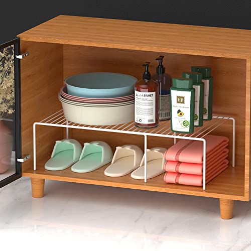 GEDLIRE Kitchen Cabinet Expandable Shelf Organizers Set of 2, Adjustable Metal Wire Pantry Storage Shelves, Plate Dish Organizer Rack for Cabinets, Cupboard, Counter, Freezer, Countertop, White