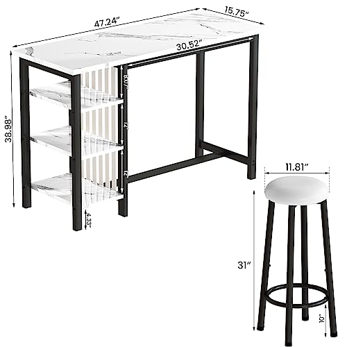 Lamerge Kitchen Counter Height Table and Stools Set for 2, 4-Tier Compact Dining Table, White Faux Marble Top and 2 PU Leather Upholstered Seats, Modern Dining Room Furniture for Home/Studio/Office