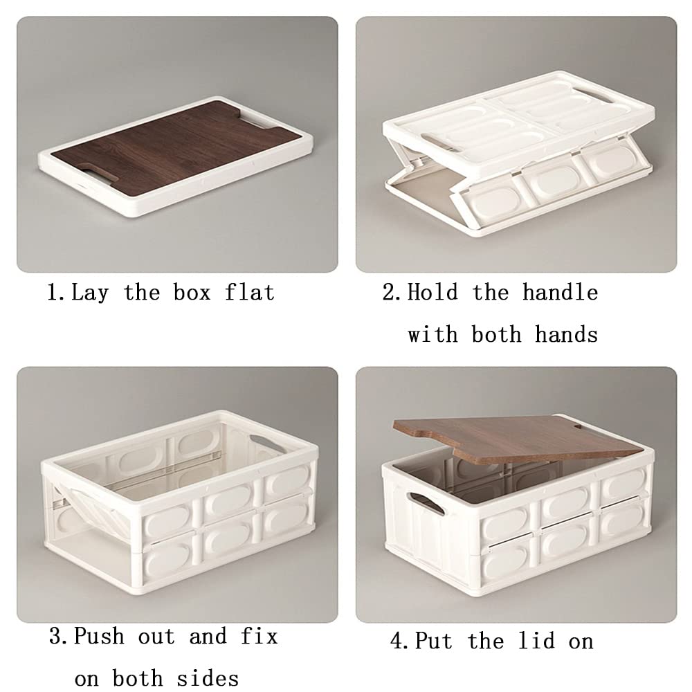 CIROANNELISE Collapsible Storage Bins, 30 Quart Plastic Storage Crates with Wooden Lid, Folding Plastic Stackable Utility Crates with Strengthened Wall, Dormitory, Car,Office (White)