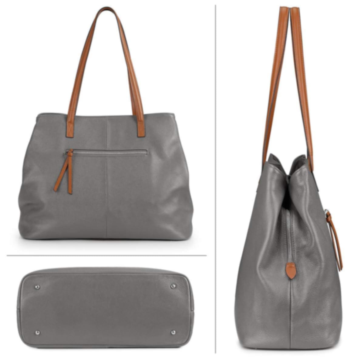 S-ZONE Leather Tote Bag for Women with Zipper Soft Genuine Leather Handbags Shoulder Bags Big Large Capacity Grey