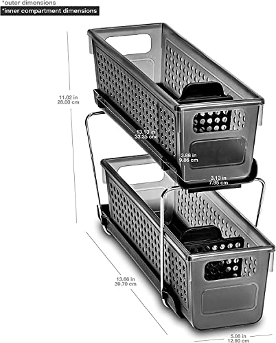 Madesmart 2-Tier Plastic Mini Multipurpose Organizer with Divided Slide-Out Storage Bins, Compact Under Sink and Cabinet Organizer Rack, Carbon, Pack of 6