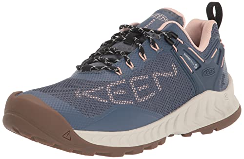 KEEN Women's-NXIS Evo Low Height Waterproof Fast Packing Hiking Shoes, Vintage Indigo/Peachy, 7.5