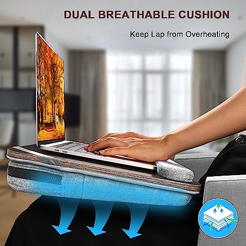 Lap Desk Laptop Bed Table: Home Office Portable Computer Lapdesk with Soft Pillow Cushion and Storage Bag - Wood Wide Writing Padded Tray for Work and Gaming on Couch - Fits up to 15.6 Inch Laptop