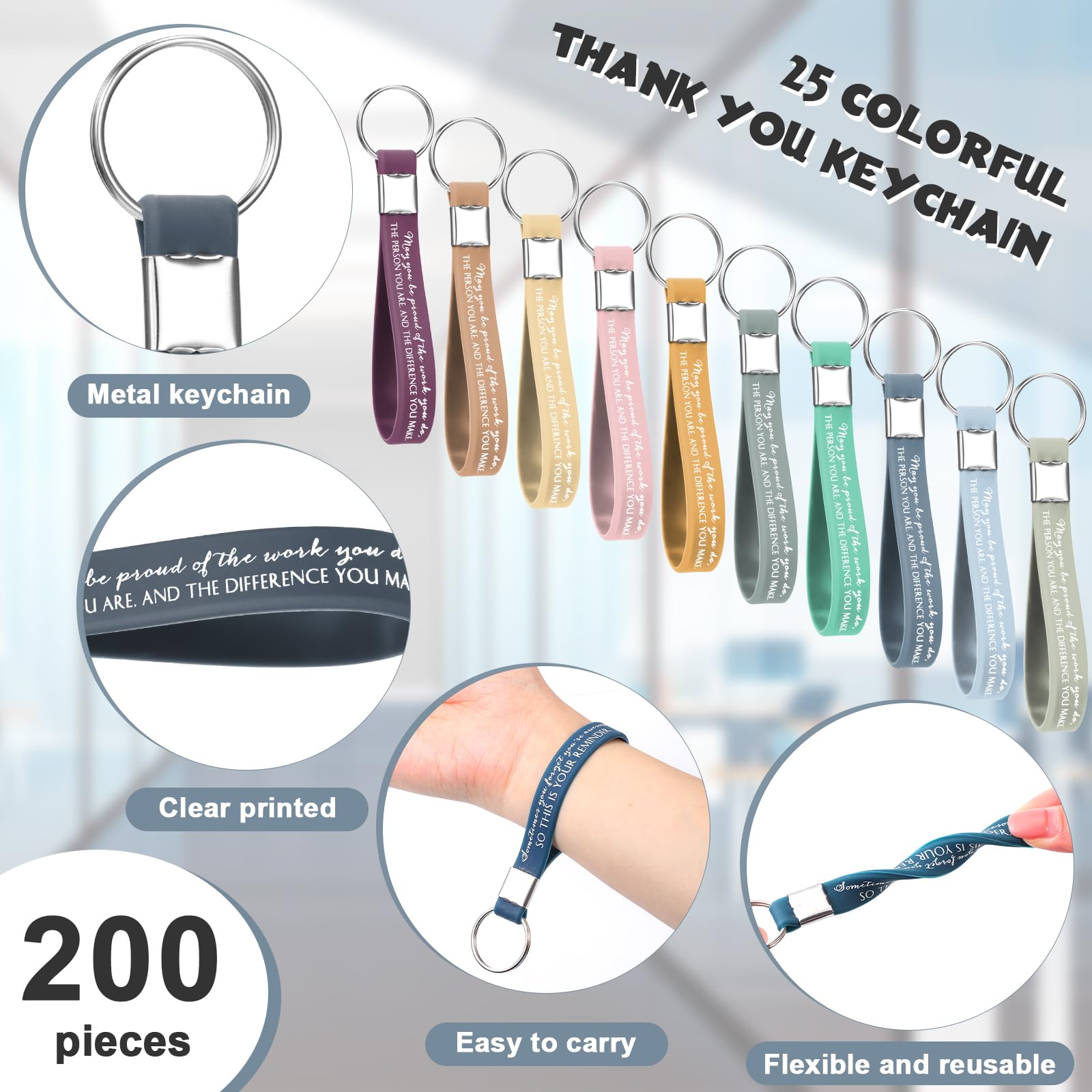 Estune 200 Pcs Teacher Appreciation Gift Thank You Keychain Bulk Silicone Coworker Inspirational Key Chains for Employee(Awesome)