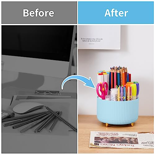 Marbrasse Desk Organizer, 360-Degree Rotating Pen Holder for Desk, Desk Organizers and Accessories with 5 Compartments Pencil Organizer, Art Supply Storage Box Caddy for Office, Home (Light Blue)