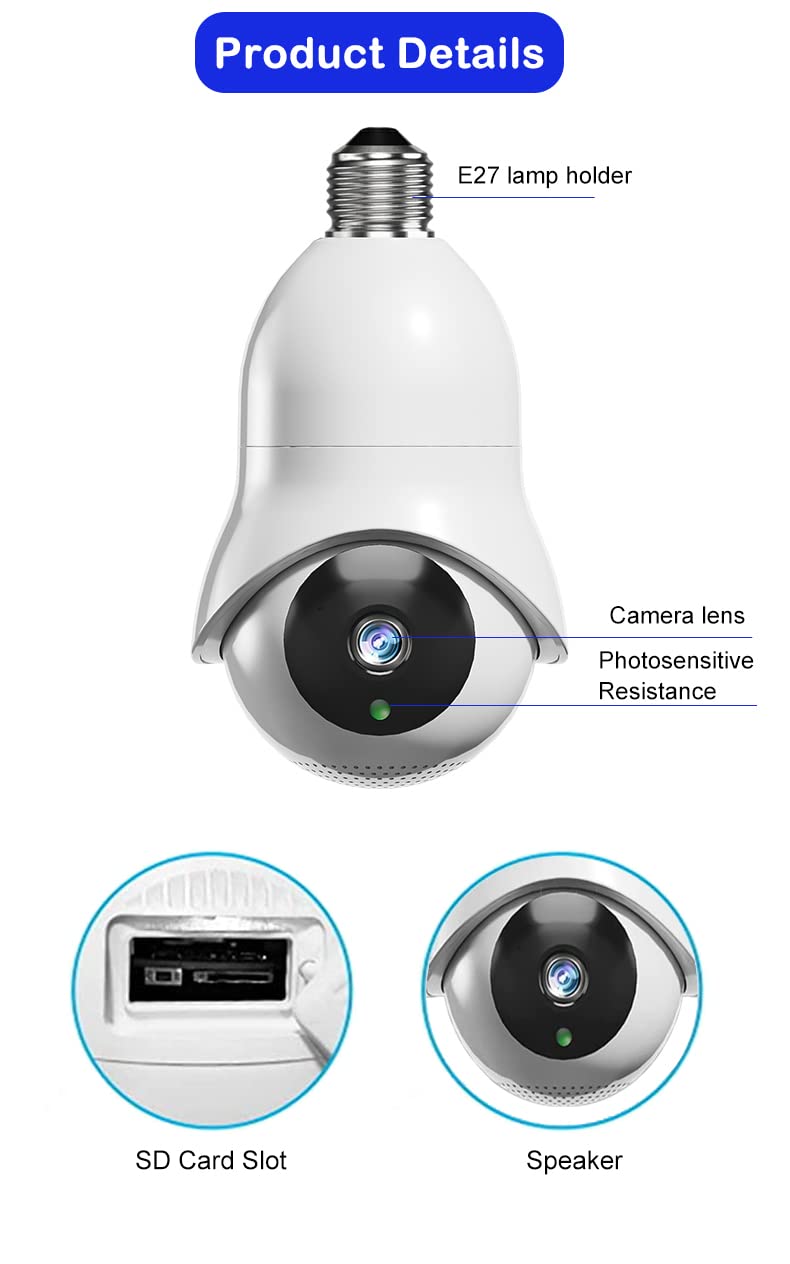 Burbifro 360° Security Lightbulb Camera, 2.4GHz & 5GHz 360 Degree WiFi Light Bulb Surveillance Camera, Wireless Camera for Home Security, Motion Detection, Two-Way Audio Cam