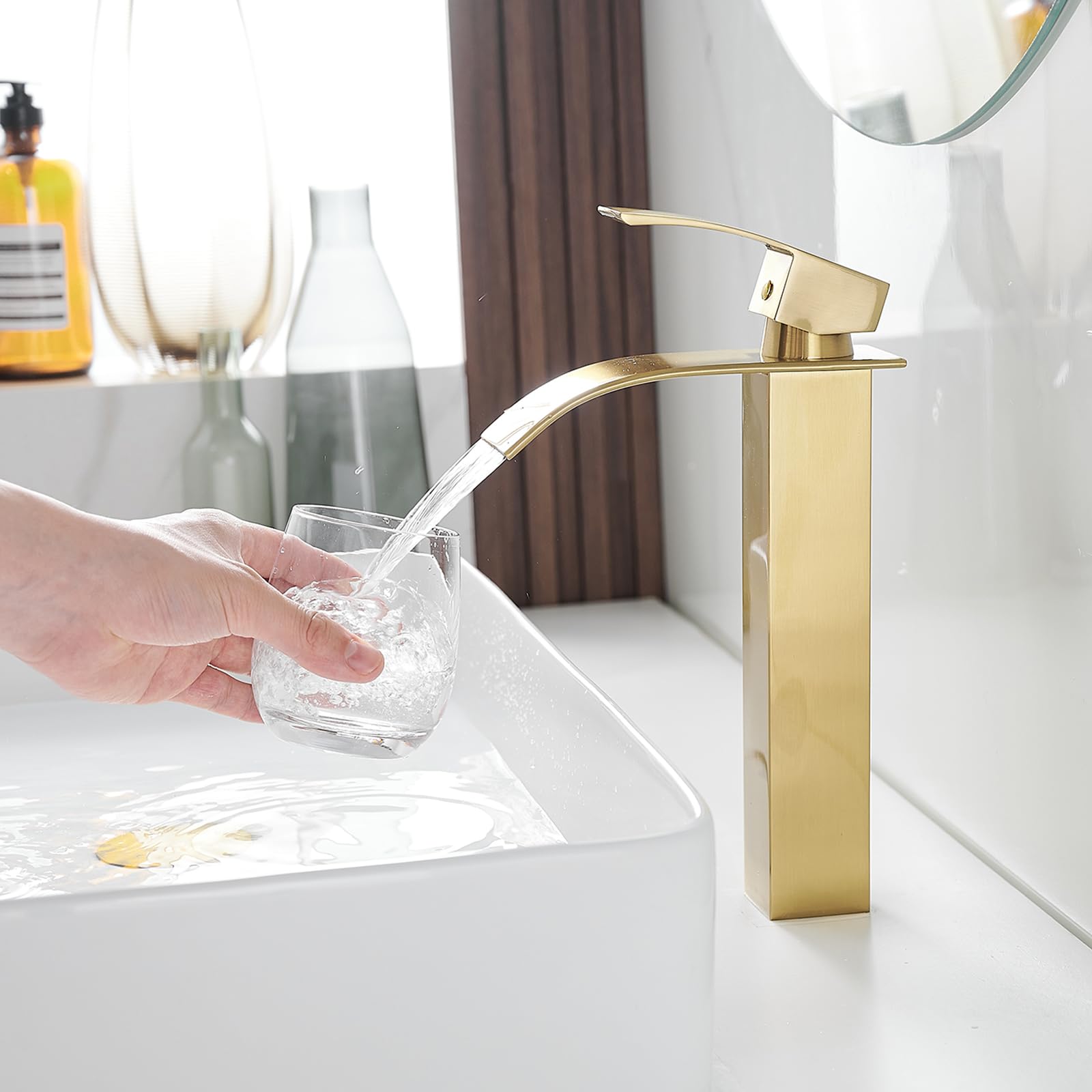 BWE Vessel Sink Faucet Modern Waterfall Brushed Gold Single Hole Bathroom Faucet Single Handle with Pop up Drain without Overflow Assembly Vanity Basin Bath Sink Faucets Mixer Tap Lead-Free