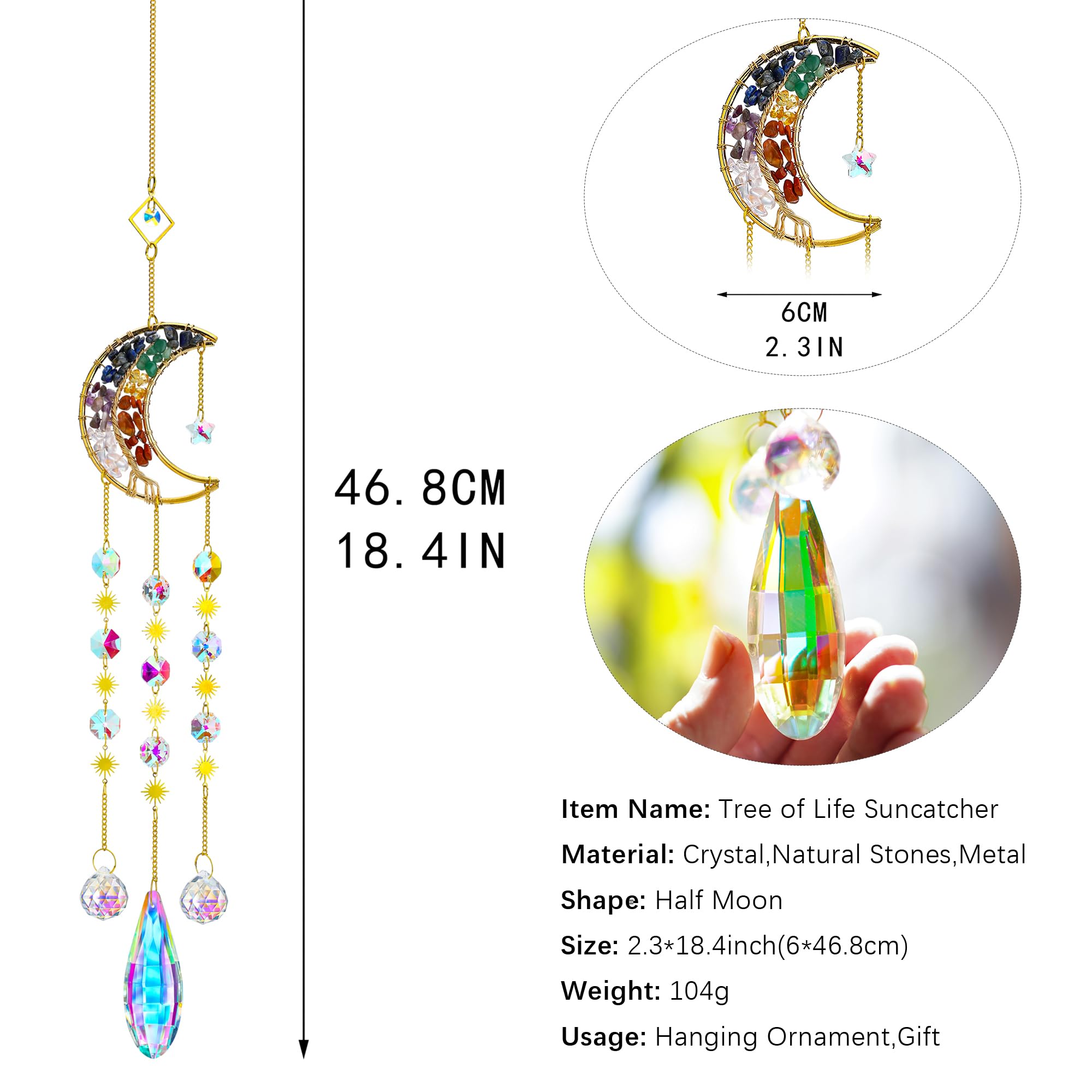 Chakra Tree of Life Crystal Suncatcher for Windows,Rainbow Maker Half Moon Sun Catcher with Crystal Prisms Hanging Crystals for Garden Home Decoration