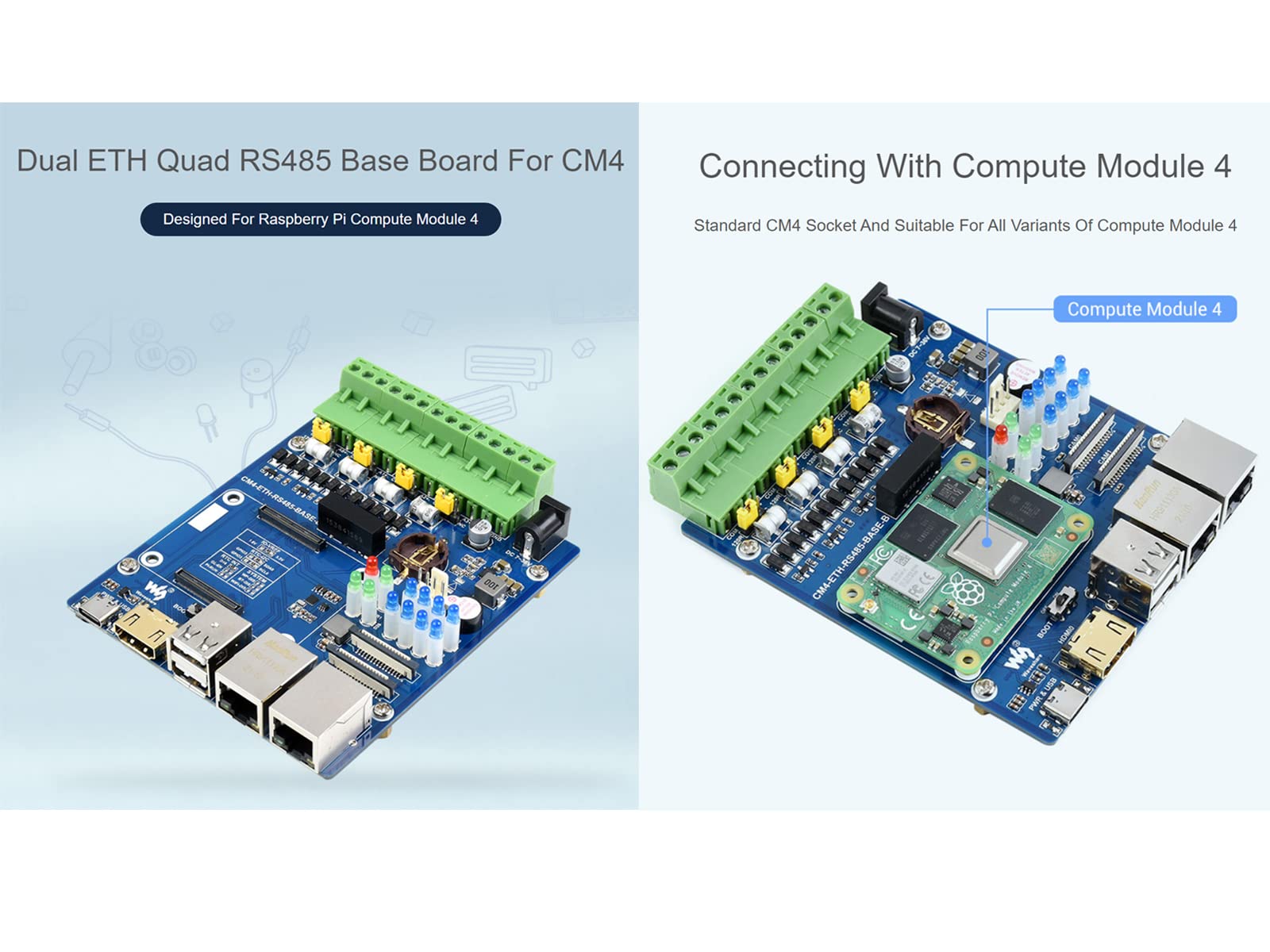 ETH RS485 Base Board for Raspberry Pi Compute Module 4 CM4 Dual ETH Quad RS485 Expansion Board Onboard Gigabit Ethernet /100M Ethernet RJ45/4CH Isolated RS485/CSI/USB2.0/HDMI/Fan/RTC/Micro SD etc.